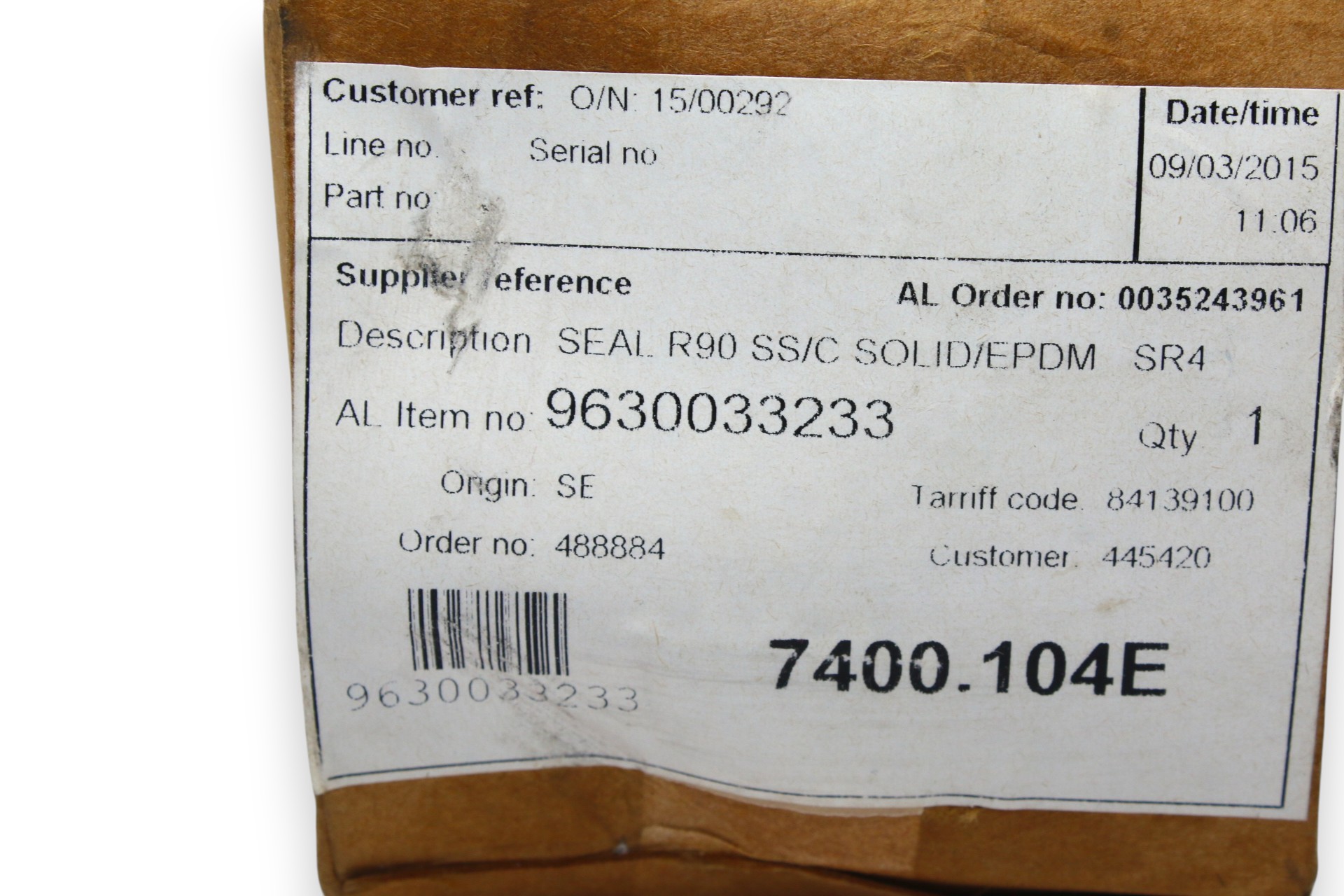 ALFA LAVAL SEAL R90 SS/C SOLID/EPDM SR4 SEAL KIT 9630033233 - JA Jordan ...