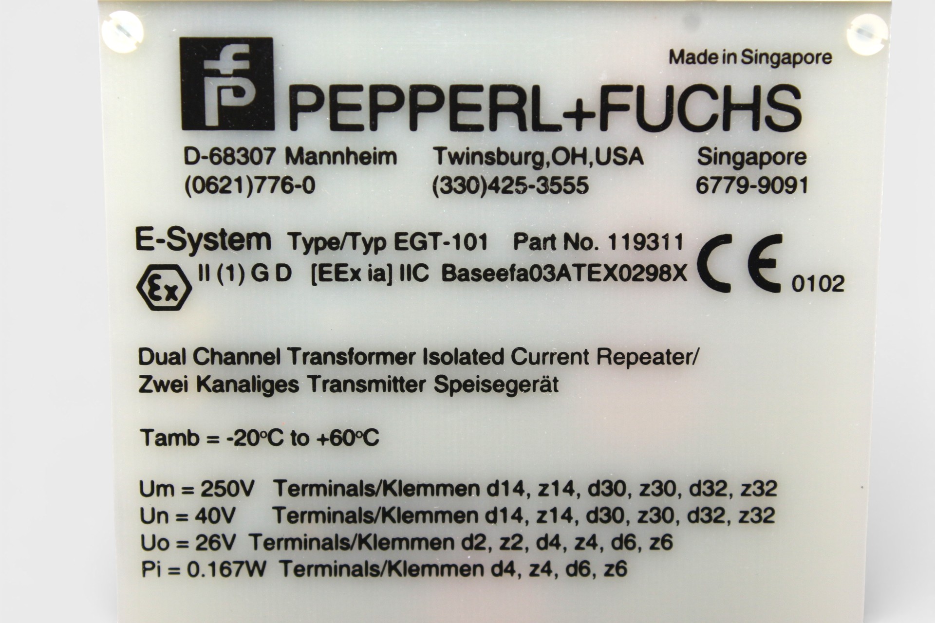 PEPPERL+FUCHS EGT-101 SEPARATOR TRANSMITTER 119311 - JA Jordan Anwar EST.