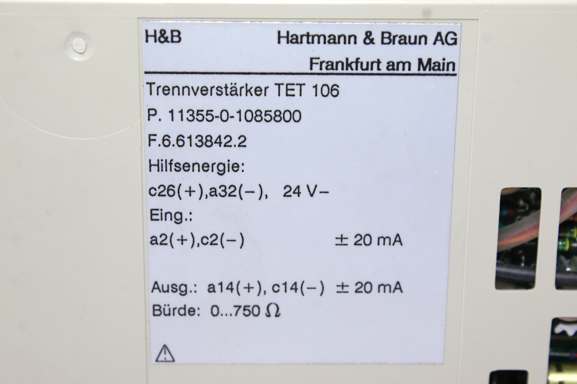 H&B Hartmann & Braun TET 106 ISOLATION AMPLIFIER 11355-0-1085800 - JA ...